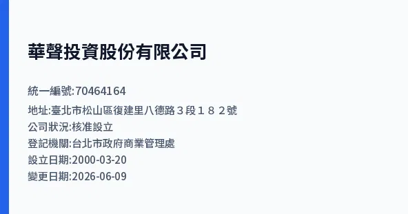 華聲投資股份有限公司的照片-統編 70464164(臺北市) 公司登記資料與營業項目詳細圖表