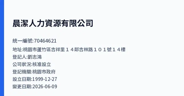 晨潔人力資源有限公司的照片-統編 70464621(桃園市) 公司登記資料與營業項目詳細圖表