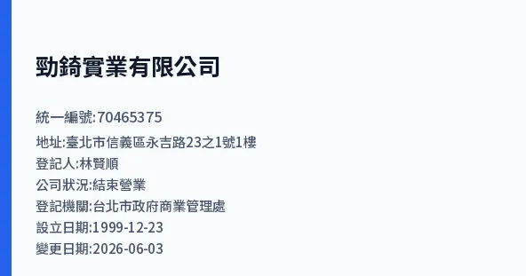 勁錡實業有限公司的照片-統編 70465375(臺北市) 公司登記資料與營業項目詳細圖表