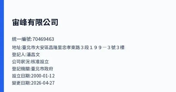 宙峰有限公司的照片-統編 70469463(臺北市) 公司登記資料與營業項目詳細圖表