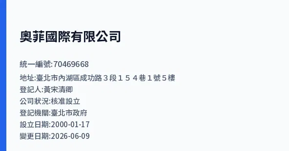 奧菲國際有限公司的照片-統編 70469668(臺北市) 公司登記資料與營業項目詳細圖表