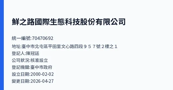 鮮之路國際生態科技股份有限公司的照片-統編 70470692(臺中市) 公司登記資料與營業項目詳細圖表