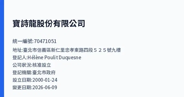寶詩龍股份有限公司的照片-統編 70471051(臺北市) 公司登記資料與營業項目詳細圖表