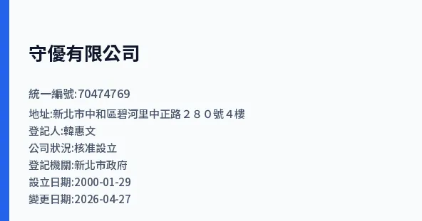 守優有限公司的照片-統編 70474769(新北市) 公司登記資料與營業項目詳細圖表