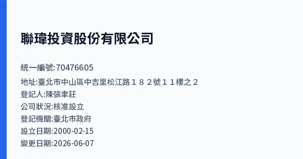 聯瑋投資股份有限公司的照片-統編 70476605(臺北市) 公司登記資料與營業項目詳細圖表
