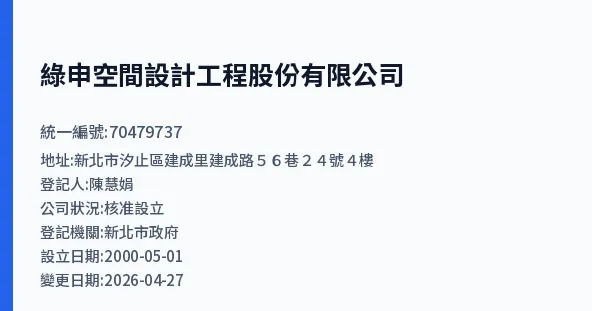 綠申空間設計工程股份有限公司的照片-統編 70479737(新北市) 公司登記資料與營業項目詳細圖表