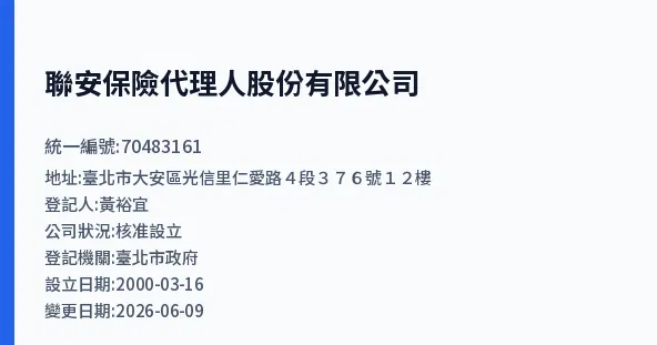 聯安保險代理人股份有限公司的照片-統編 70483161(臺北市) 公司登記資料與營業項目詳細圖表