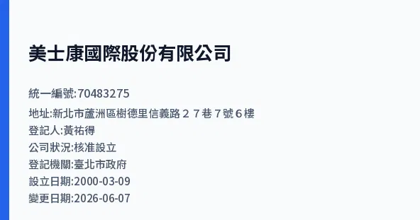 美士康國際股份有限公司的照片-統編 70483275(新北市) 公司登記資料與營業項目詳細圖表