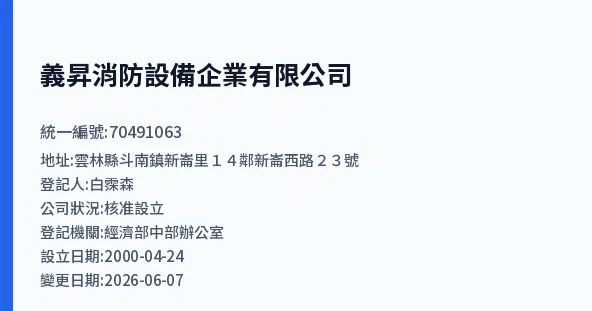 義昇消防設備企業有限公司的照片-統編 70491063(雲林縣) 公司登記資料與營業項目詳細圖表