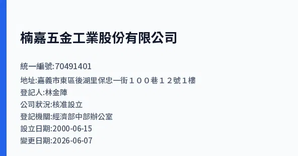 楠嘉五金工業股份有限公司的照片-統編 70491401(嘉義市) 公司登記資料與營業項目詳細圖表