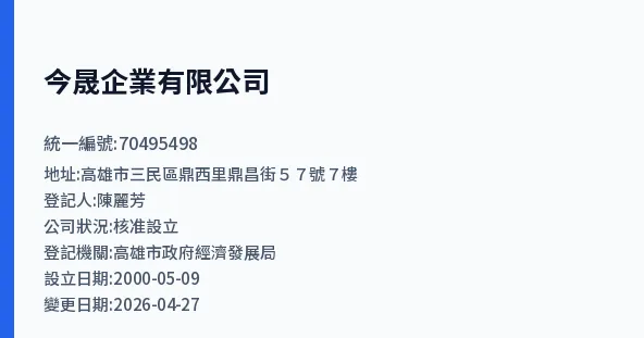 今晟企業有限公司的照片-統編 70495498(高雄市) 公司登記資料與營業項目詳細圖表