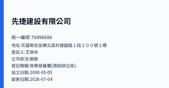 先捷建設有限公司的照片-統編 70496686(花蓮縣) 公司登記資料與營業項目詳細圖表