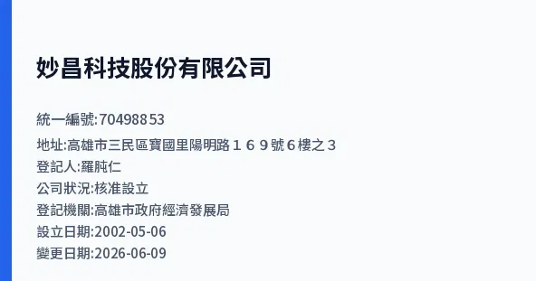 妙昌科技股份有限公司的照片-統編 70498853(高雄市) 公司登記資料與營業項目詳細圖表