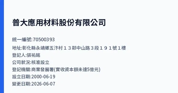 普大應用材料股份有限公司的照片-統編 70500393(彰化縣) 公司登記資料與營業項目詳細圖表