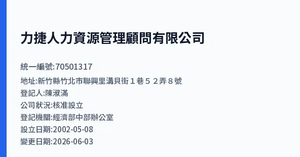 力捷人力資源管理顧問有限公司的照片-統編 70501317(新竹縣) 公司登記資料與營業項目詳細圖表