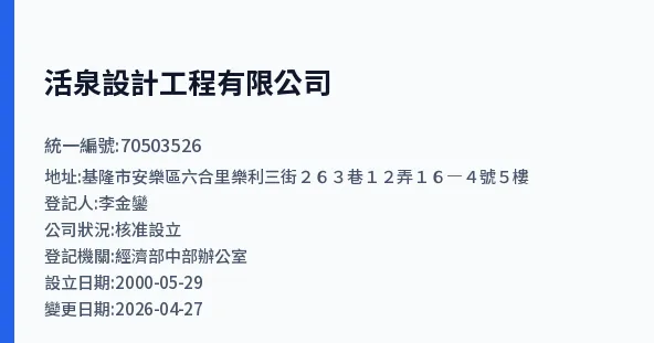 活泉設計工程有限公司的照片-統編 70503526(基隆市) 公司登記資料與營業項目詳細圖表