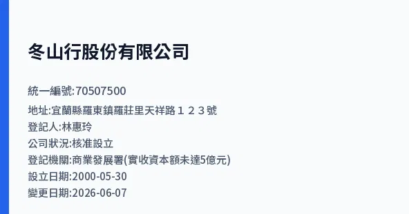 冬山行股份有限公司的照片-統編 70507500(宜蘭縣) 公司登記資料與營業項目詳細圖表