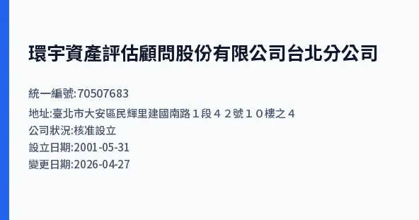環宇資產評估顧問股份有限公司台北分公司的照片-統編 70507683(臺北市) 公司登記資料與營業項目詳細圖表