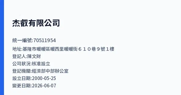 杰叡有限公司的照片-統編 70511954(基隆市) 公司登記資料與營業項目詳細圖表