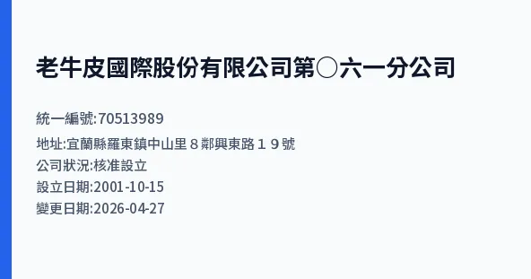 老牛皮國際股份有限公司第○六一分公司的照片-統編 70513989(宜蘭縣) 公司登記資料與營業項目詳細圖表