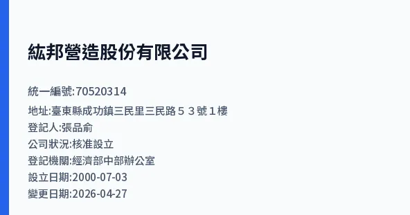 紘邦營造股份有限公司的照片-統編 70520314(臺東縣) 公司登記資料與營業項目詳細圖表