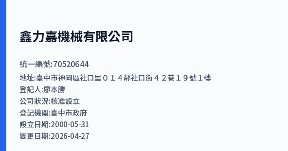 鑫力嘉機械有限公司的照片-統編 70520644(臺中市) 公司登記資料與營業項目詳細圖表