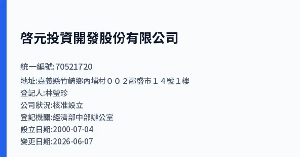 啓元投資開發股份有限公司的照片-統編 70521720(嘉義縣) 公司登記資料與營業項目詳細圖表