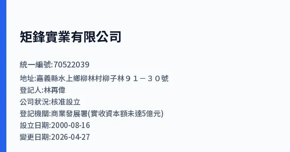矩鋒實業有限公司的照片-統編 70522039(嘉義縣) 公司登記資料與營業項目詳細圖表