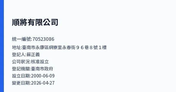 順將有限公司的照片-統編 70523086(臺南市) 公司登記資料與營業項目詳細圖表