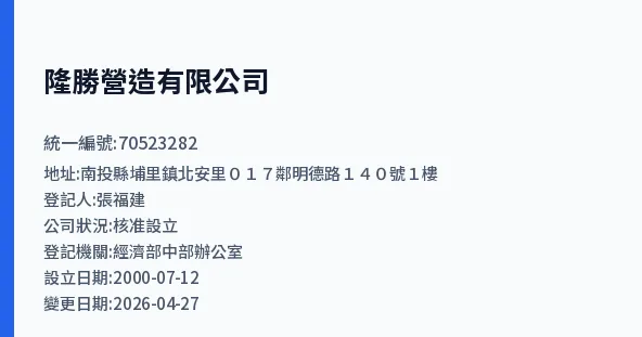隆勝營造有限公司的照片-統編 70523282(南投縣) 公司登記資料與營業項目詳細圖表