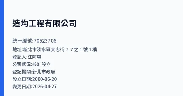 造均工程有限公司的照片-統編 70523706(新北市) 公司登記資料與營業項目詳細圖表