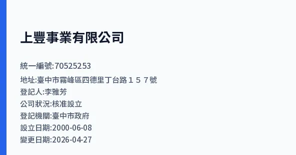 上豐事業有限公司的照片-統編 70525253(臺中市) 公司登記資料與營業項目詳細圖表