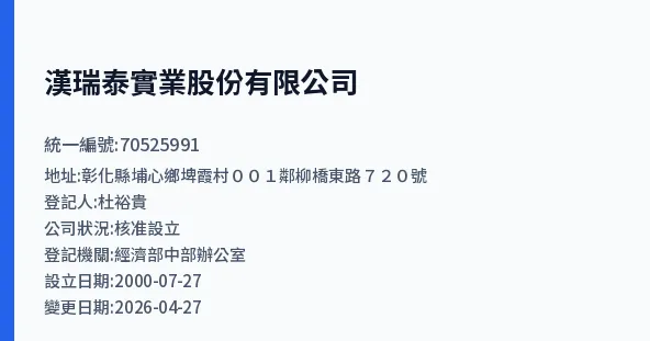 漢瑞泰實業股份有限公司的照片-統編 70525991(彰化縣) 公司登記資料與營業項目詳細圖表