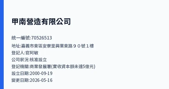 甲南營造有限公司的照片-統編 70526513(嘉義市) 公司登記資料與營業項目詳細圖表