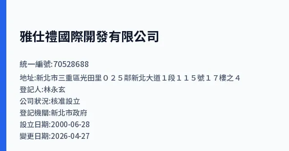 雅仕禮國際開發有限公司的照片-統編 70528688(新北市) 公司登記資料與營業項目詳細圖表