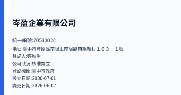 岑盈企業有限公司的照片-統編 70530024(臺中市) 公司登記資料與營業項目詳細圖表