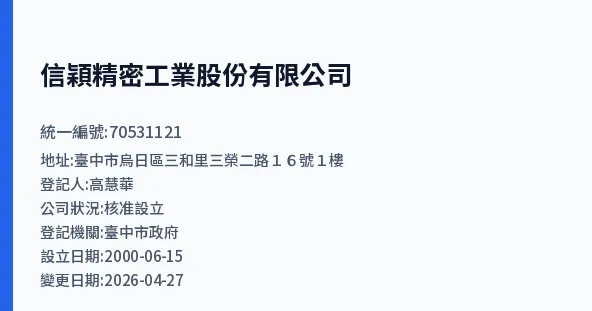 信穎精密工業股份有限公司的照片-統編 70531121(臺中市) 公司登記資料與營業項目詳細圖表