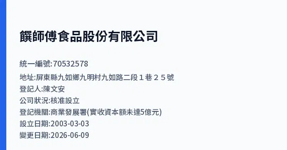 饌師傅食品股份有限公司的照片-統編 70532578(屏東縣) 公司登記資料與營業項目詳細圖表