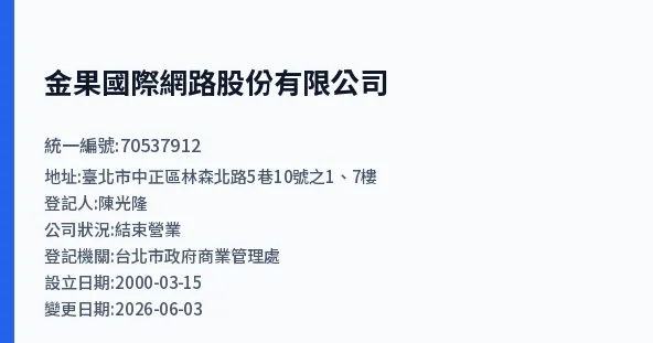 金果國際網路股份有限公司的照片-統編 70537912(臺北市) 公司登記資料與營業項目詳細圖表