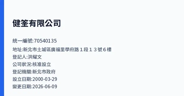 健筌有限公司的照片-統編 70540135(新北市) 公司登記資料與營業項目詳細圖表