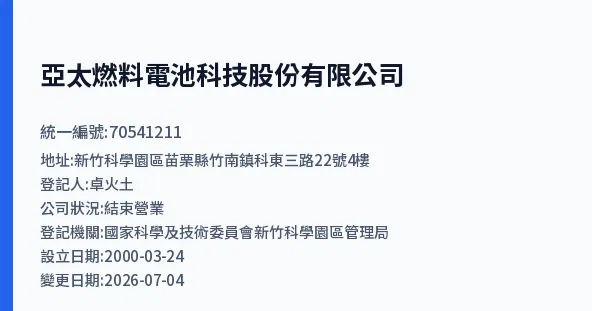 亞太燃料電池科技股份有限公司的照片-統編 70541211(苗栗縣) 公司登記資料與營業項目詳細圖表