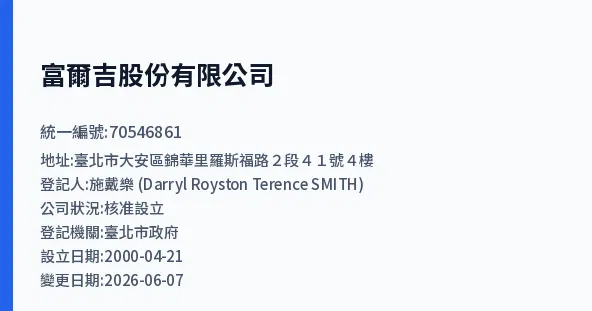富爾吉股份有限公司的照片-統編 70546861(臺北市) 公司登記資料與營業項目詳細圖表