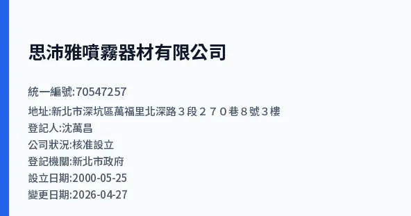 思沛雅噴霧器材有限公司的照片-統編 70547257(新北市) 公司登記資料與營業項目詳細圖表
