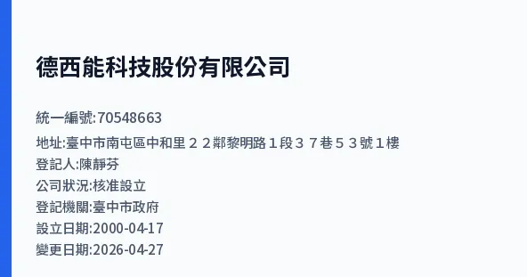 德西能科技股份有限公司的照片-統編 70548663(臺中市) 公司登記資料與營業項目詳細圖表