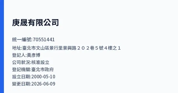 庚晟有限公司的照片-統編 70551441(臺北市) 公司登記資料與營業項目詳細圖表