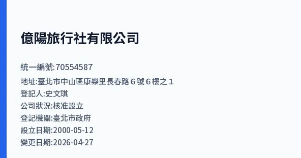億陽旅行社有限公司的照片-統編 70554587(臺北市) 公司登記資料與營業項目詳細圖表