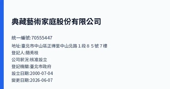 典藏藝術家庭股份有限公司的照片-統編 70555447(臺北市) 公司登記資料與營業項目詳細圖表