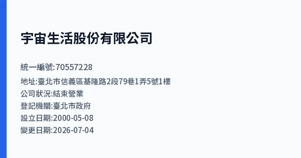 宇宙生活股份有限公司的照片-統編 70557228(臺北市) 公司登記資料與營業項目詳細圖表