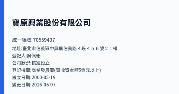 寶原興業股份有限公司的照片-統編 70559437(臺北市) 公司登記資料與營業項目詳細圖表