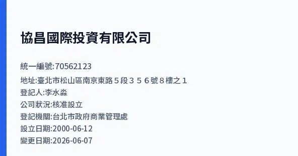 協昌國際投資有限公司的照片-統編 70562123(臺北市) 公司登記資料與營業項目詳細圖表